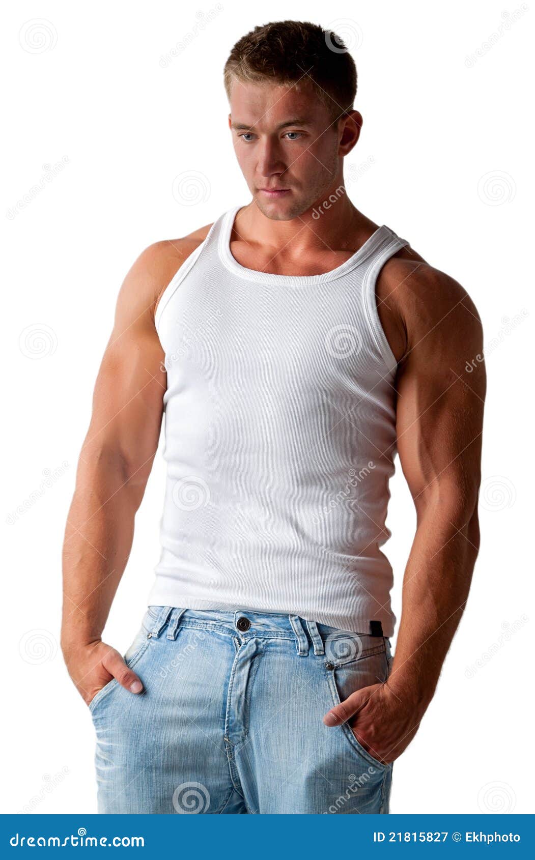 Muscle Young Man Posing in White Vest Stock Image - Image of jeans ...