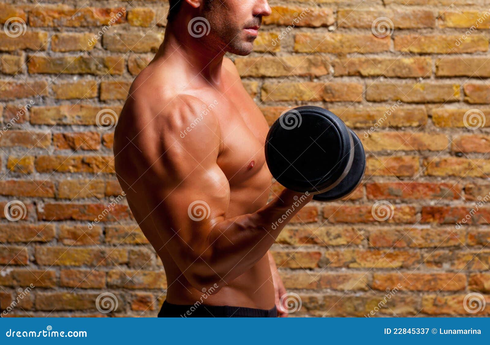Muscle Shaped Body Man With Weights On Brick Wall Stock Photography ...