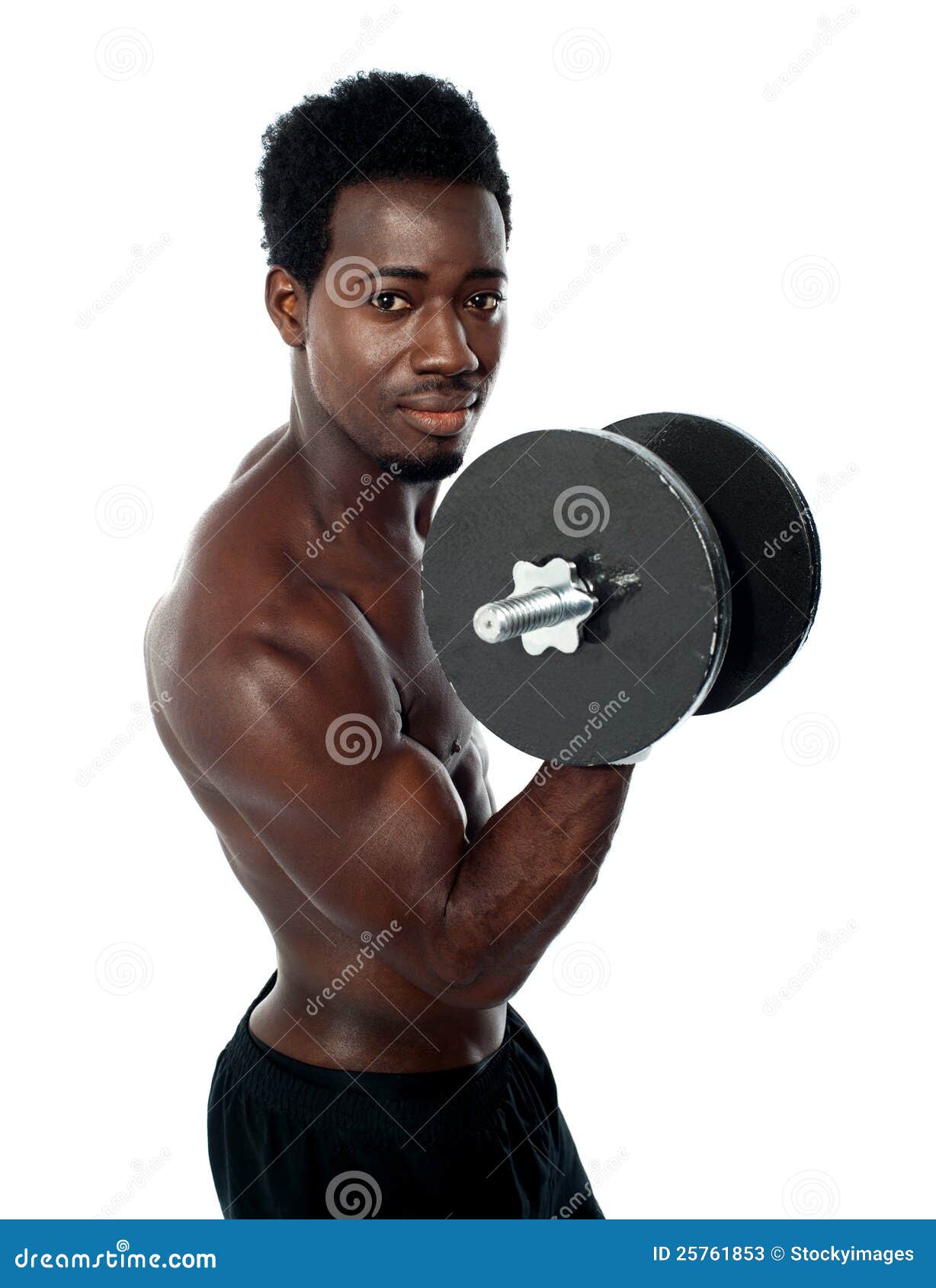 Muscular African Guy Doing Biceps Exercise Stock Image - Image of build ...