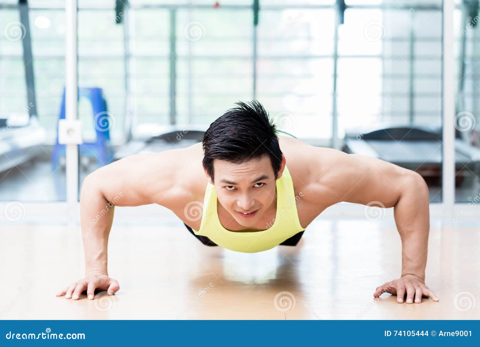 Muscular Asian Man Doing Pushups in Gym Stock Photo - Image of thews ...