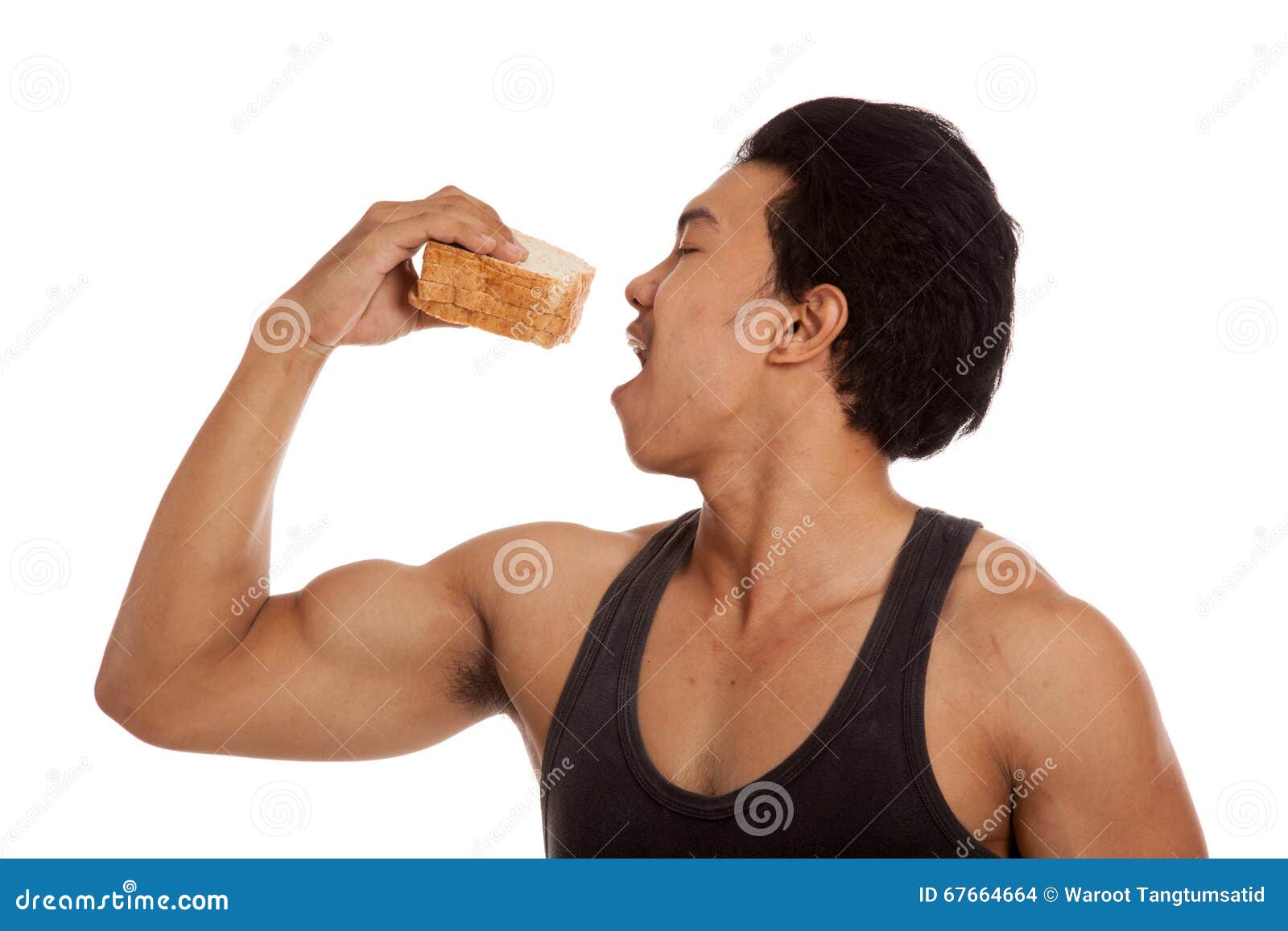 Muscular Asian Man Eat Bread Stock Photo - Image of lifestyle, biceps ...
