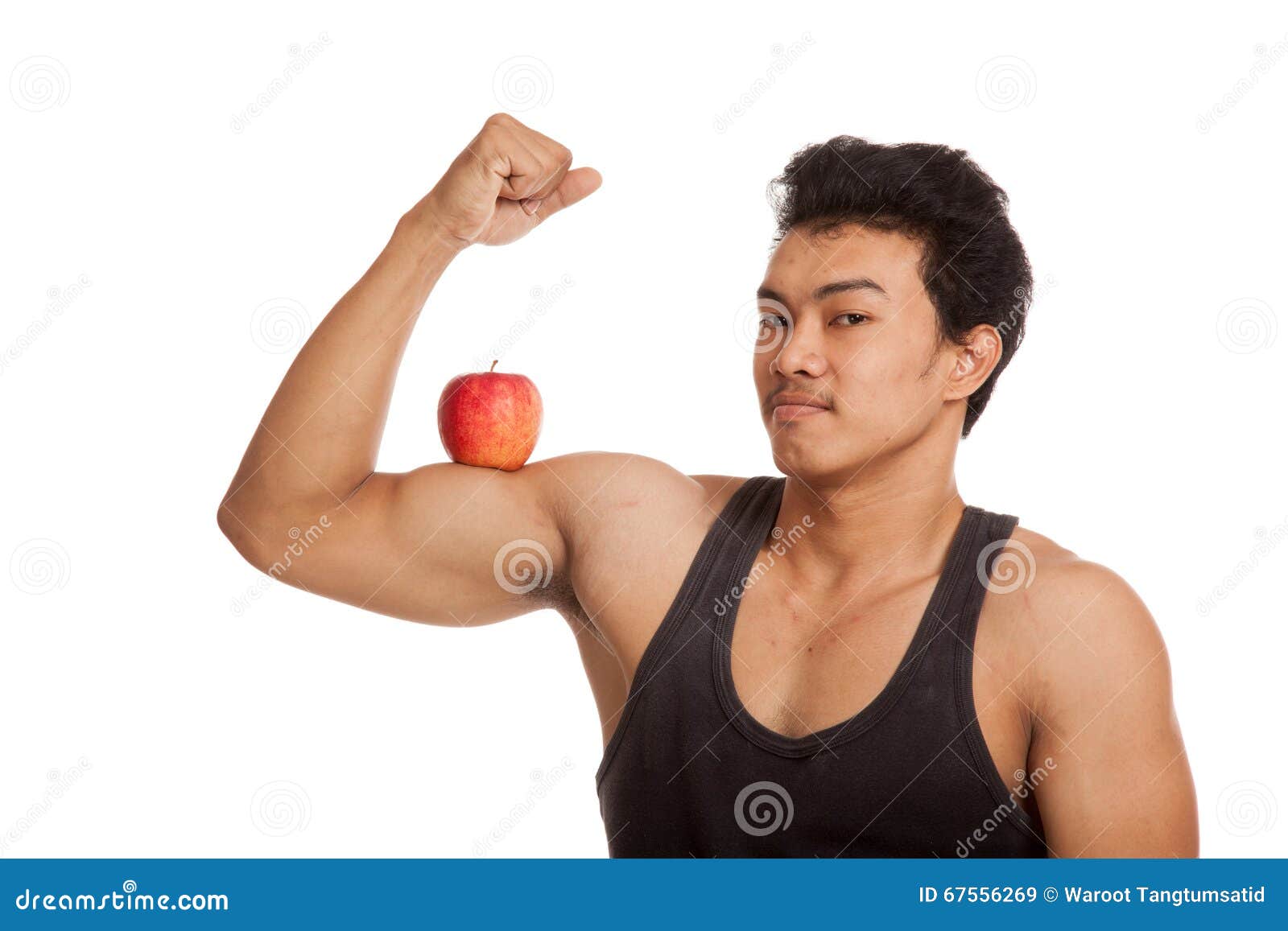Muscular Asian Man Flexing Biceps With Red Apple Stock Image Image Of
