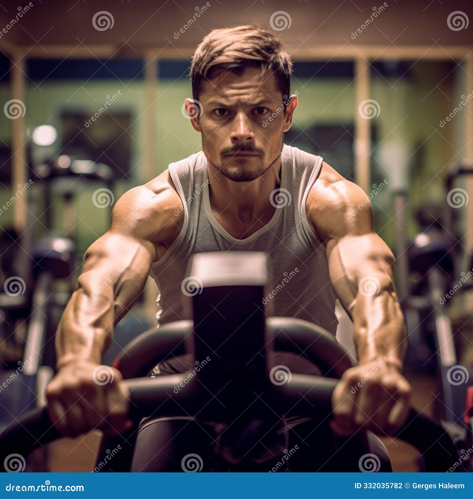 Muscular Athlete Using a Rowing Machine in a Well-equipped Gym during ...