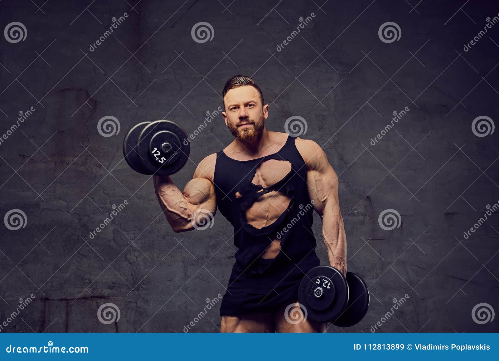 Muscular, Bearded Male Doing Biceps Workouts with Dumbbells. Stock ...