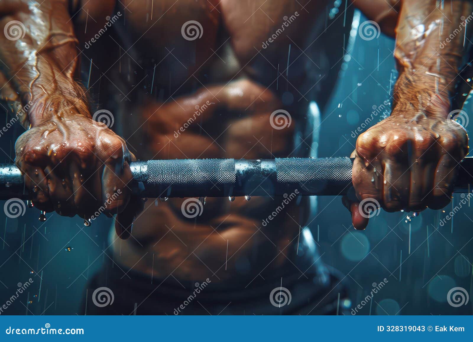 Muscular Bodybuilder Performing Intense Barbell Workout in the Rain ...