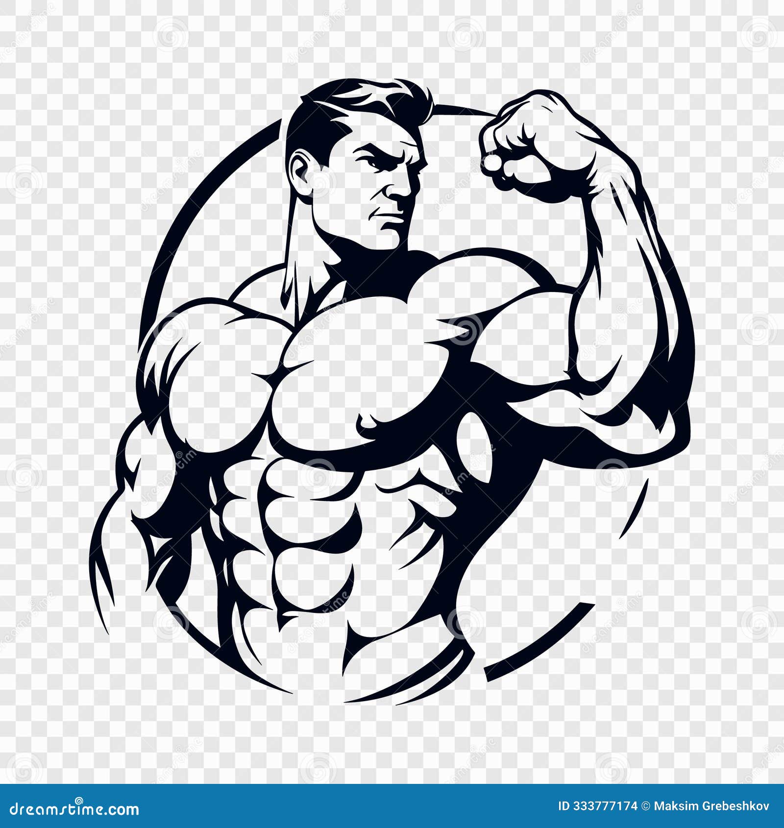 Muscular Bodybuilder Flexing Illustration with Determined Expression ...