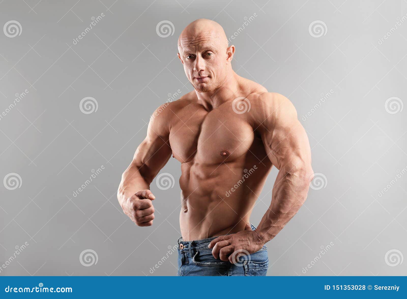 Muscular Bodybuilder on Grey Background Stock Photo - Image of power ...