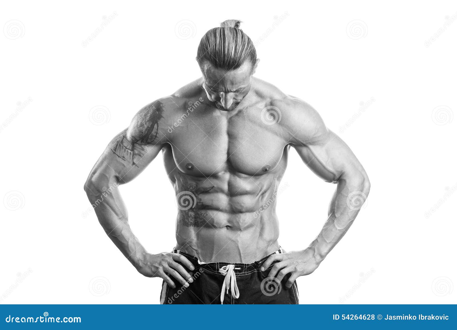Muscular Bodybuilder Guy Posing Over White Background Stock Photo ...