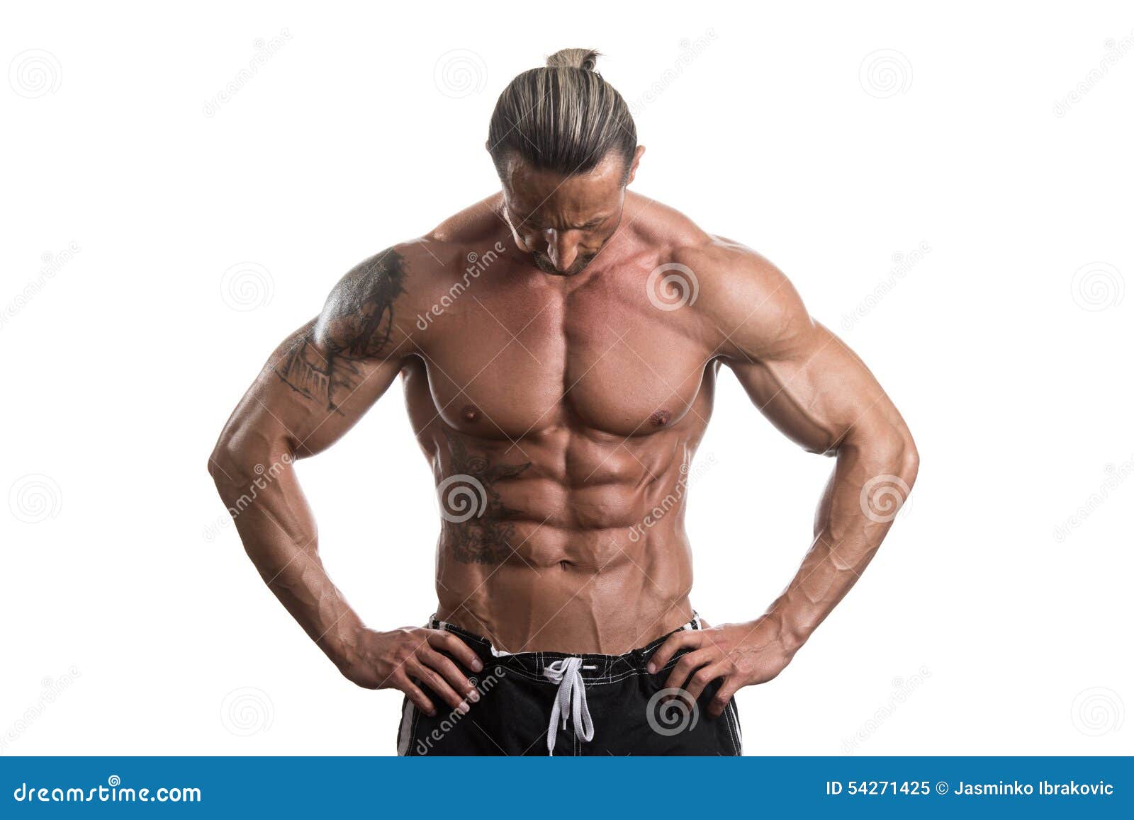 Muscular Bodybuilder Guy Posing Over White Background Stock Image ...