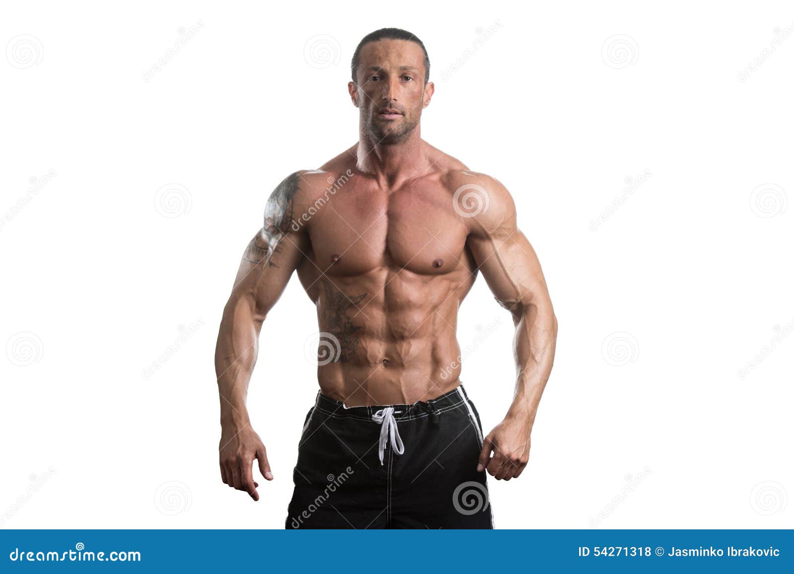Muscular Bodybuilder Man Posing Over White Background Stock Photo ...