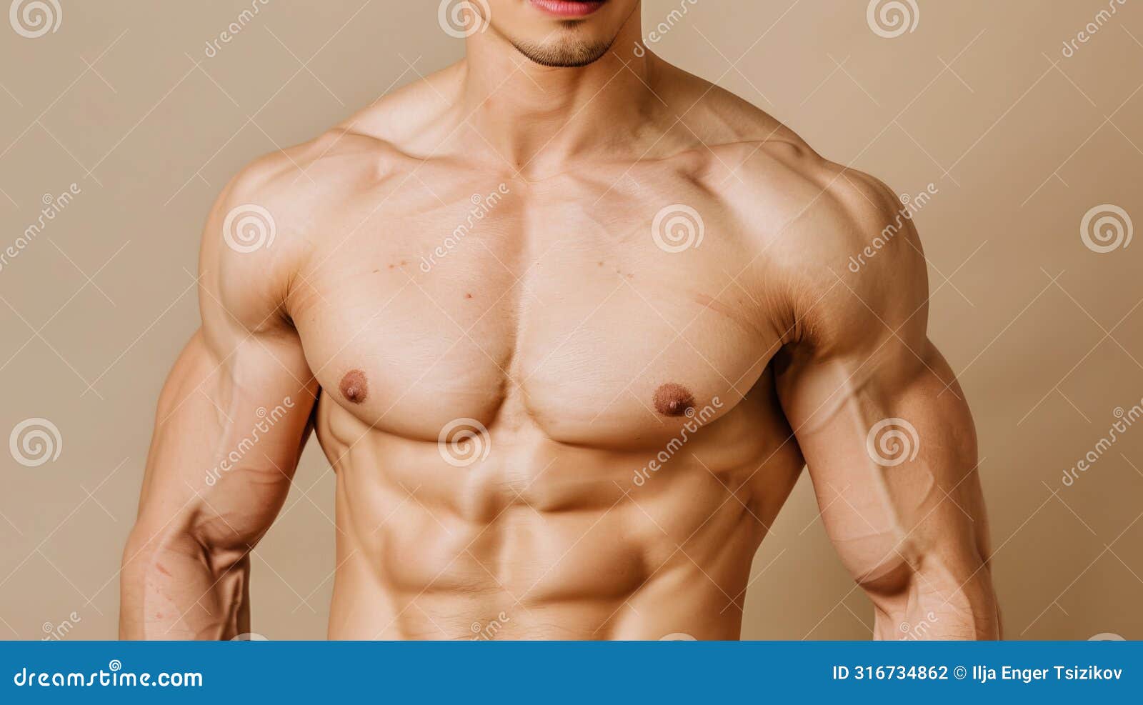 Muscular Bodybuilder Showing Defined Abs on Soft Colored Background ...