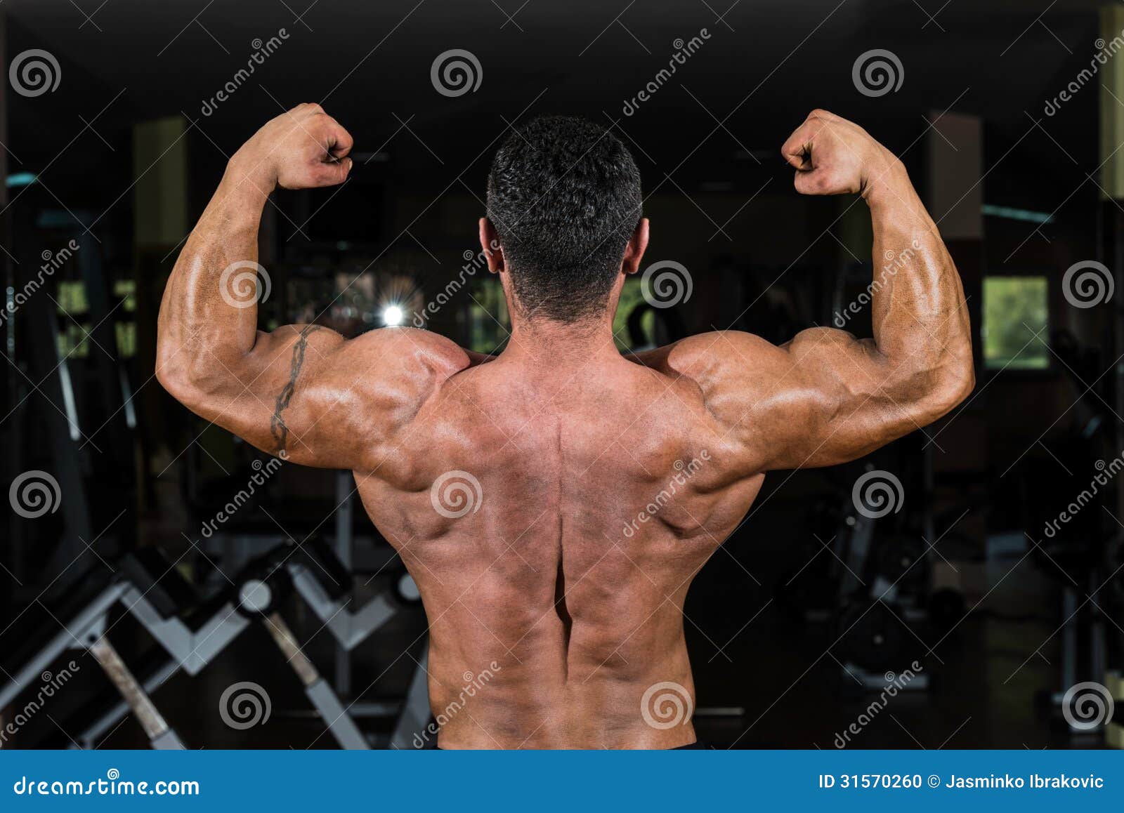 Muscular Bodybuilder Showing His Back Double Biceps Stock Photo ...