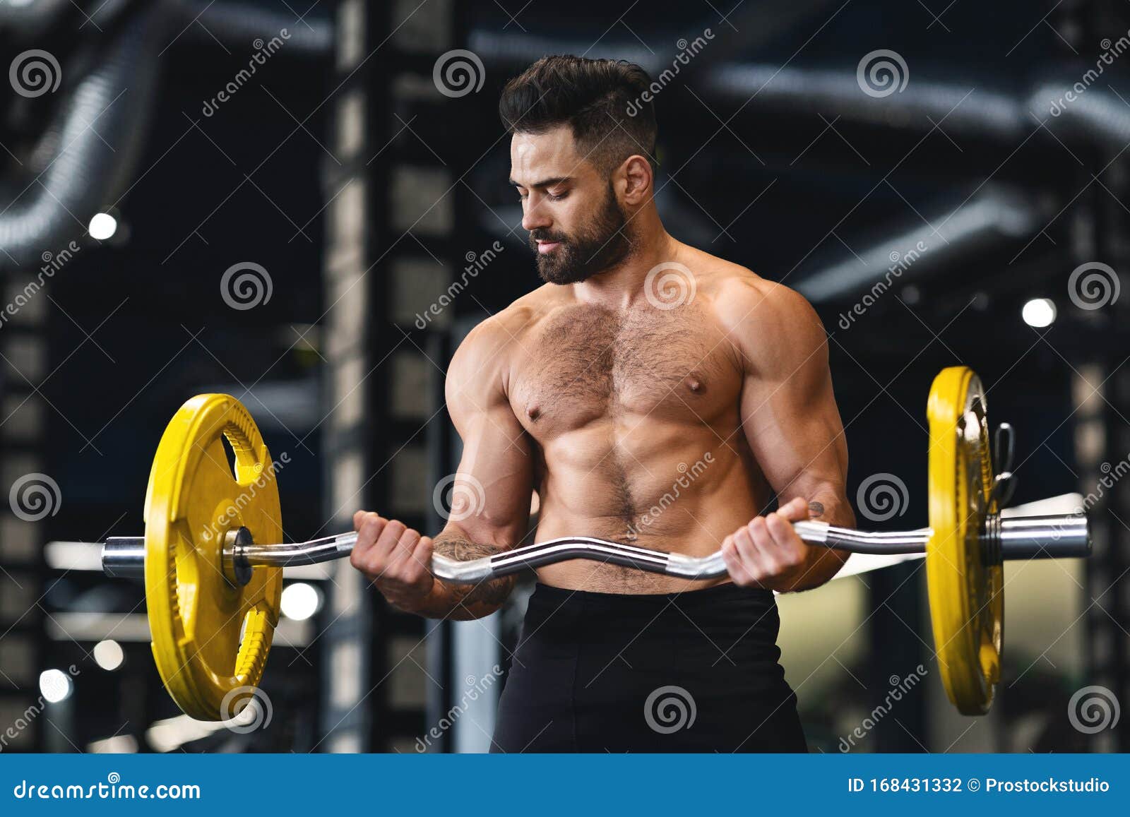 Muscular Bodybuilder Training Arms with Barbell in Gym Stock Photo ...