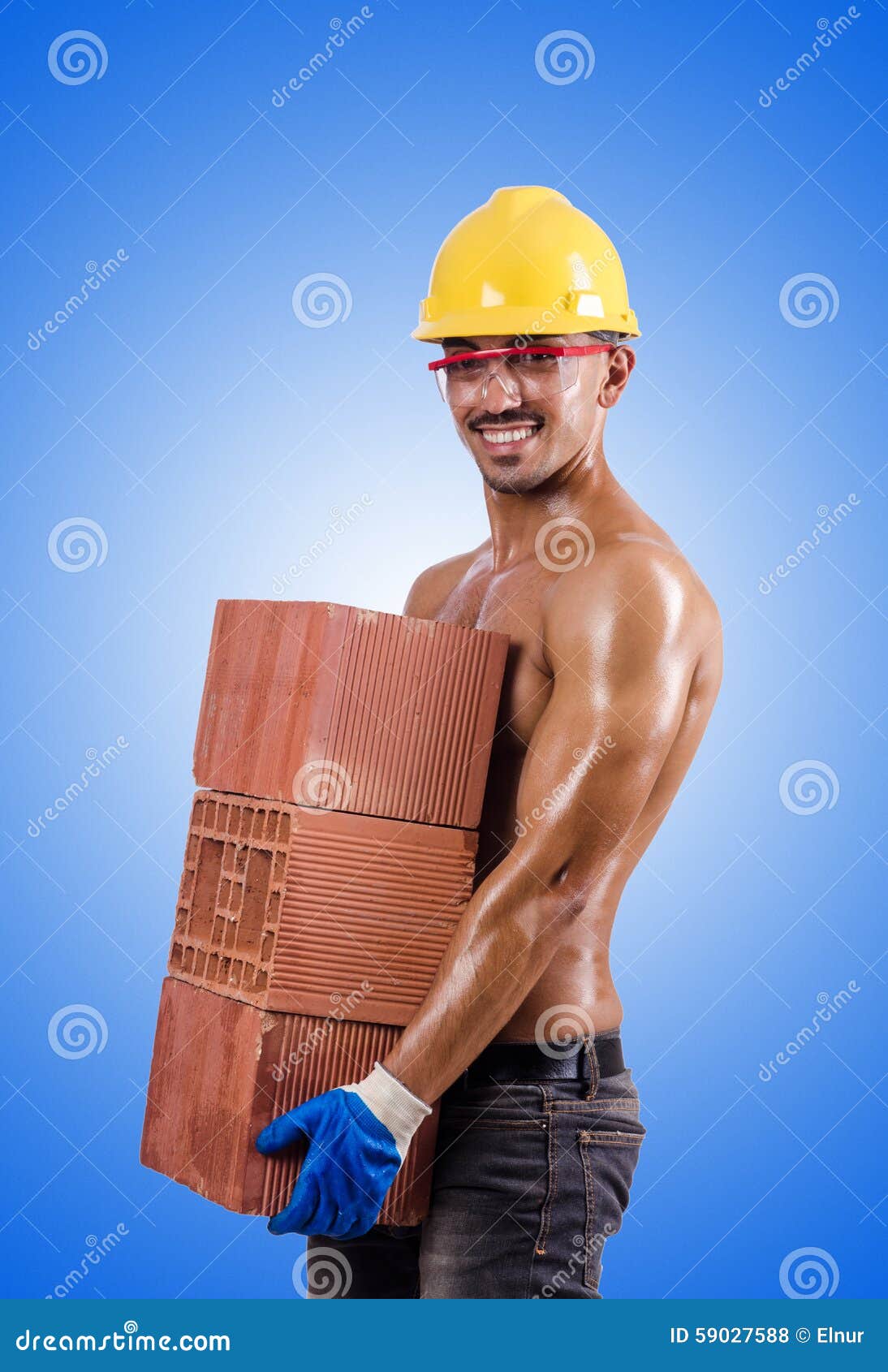Muscular Builder with Bricks Against Gradient Stock Photo - Image of ...