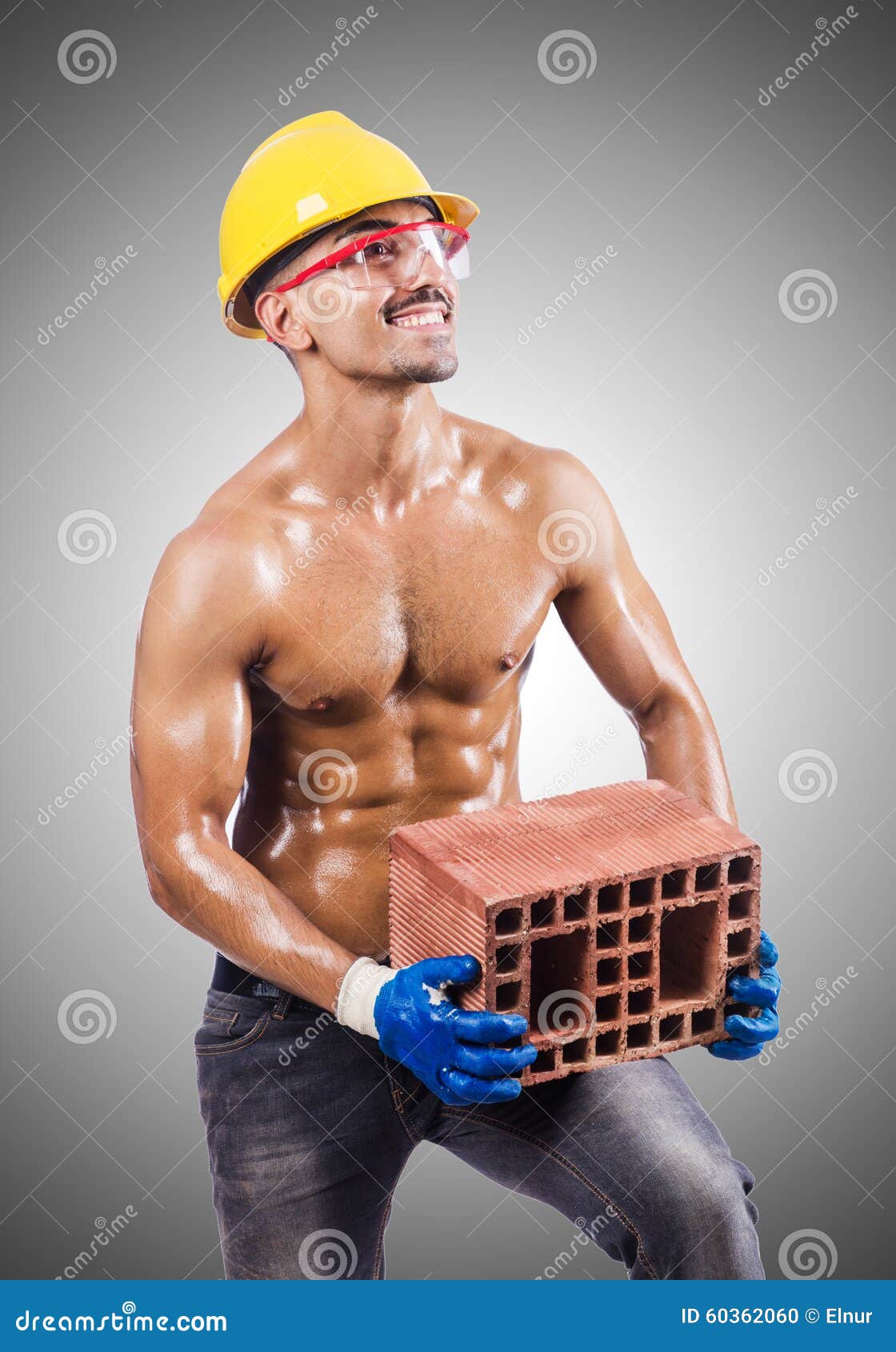 Muscular Builder with Bricks on White Stock Photo - Image of ...