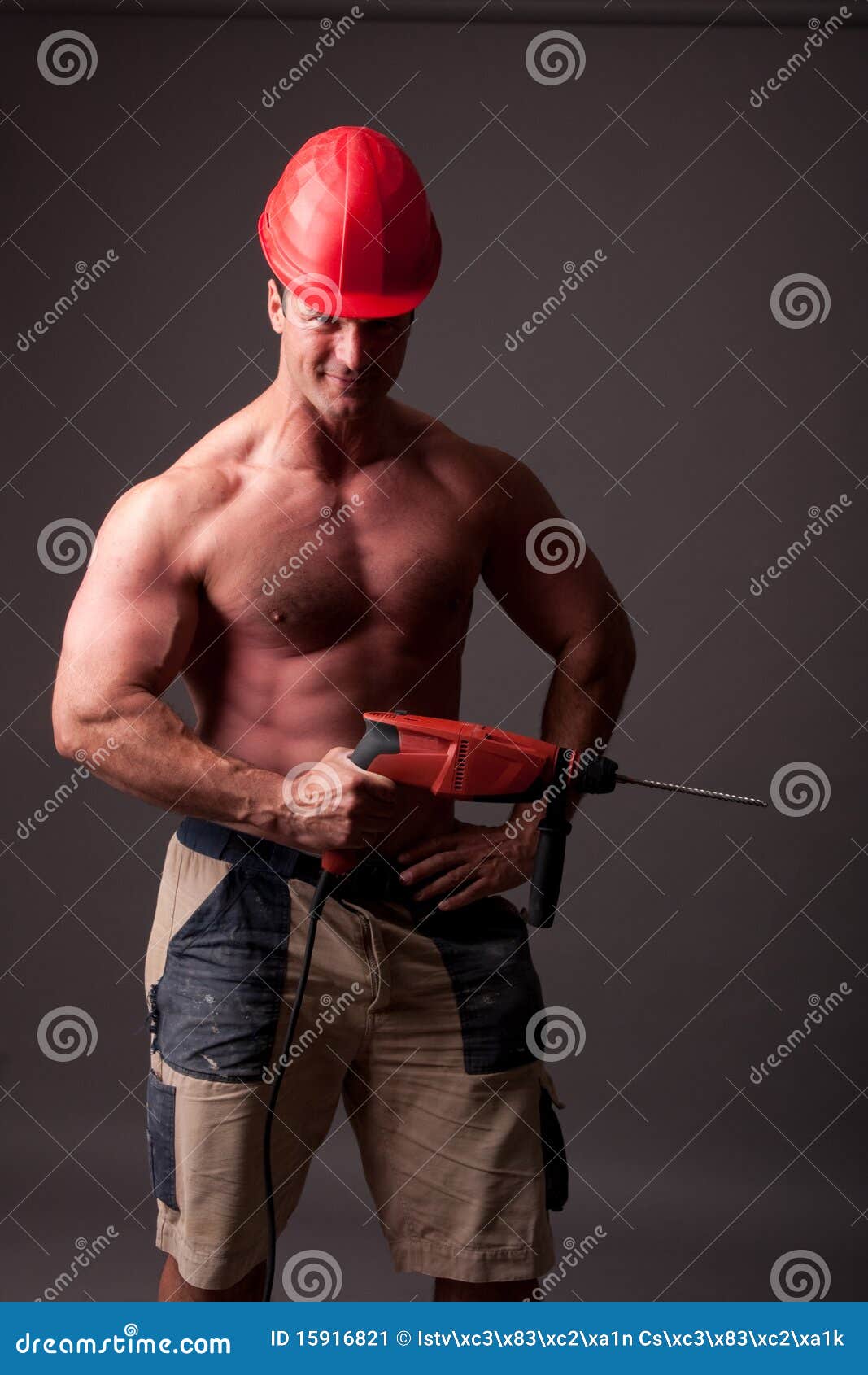 Hot Muscular Construction Worker Shirtless Seen From Below Stock Image