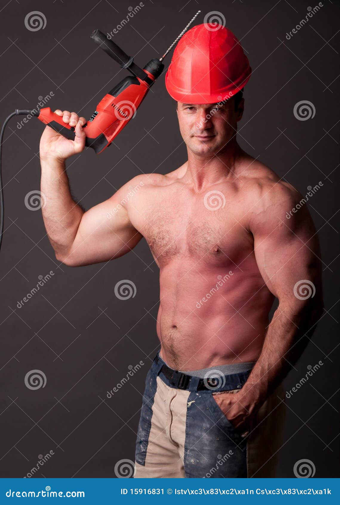 Muscular Construction Worker Stock Image - Image of auger, bodybuilder ...