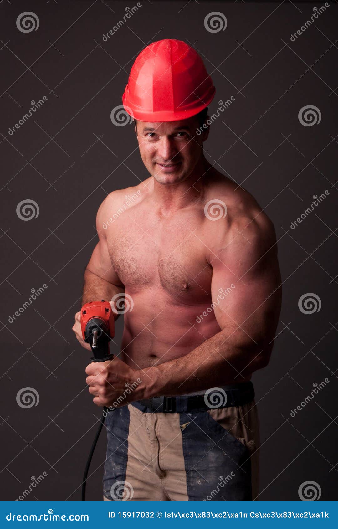 Muscular Construction Worker Stock Photo - Image of auger, handyman ...