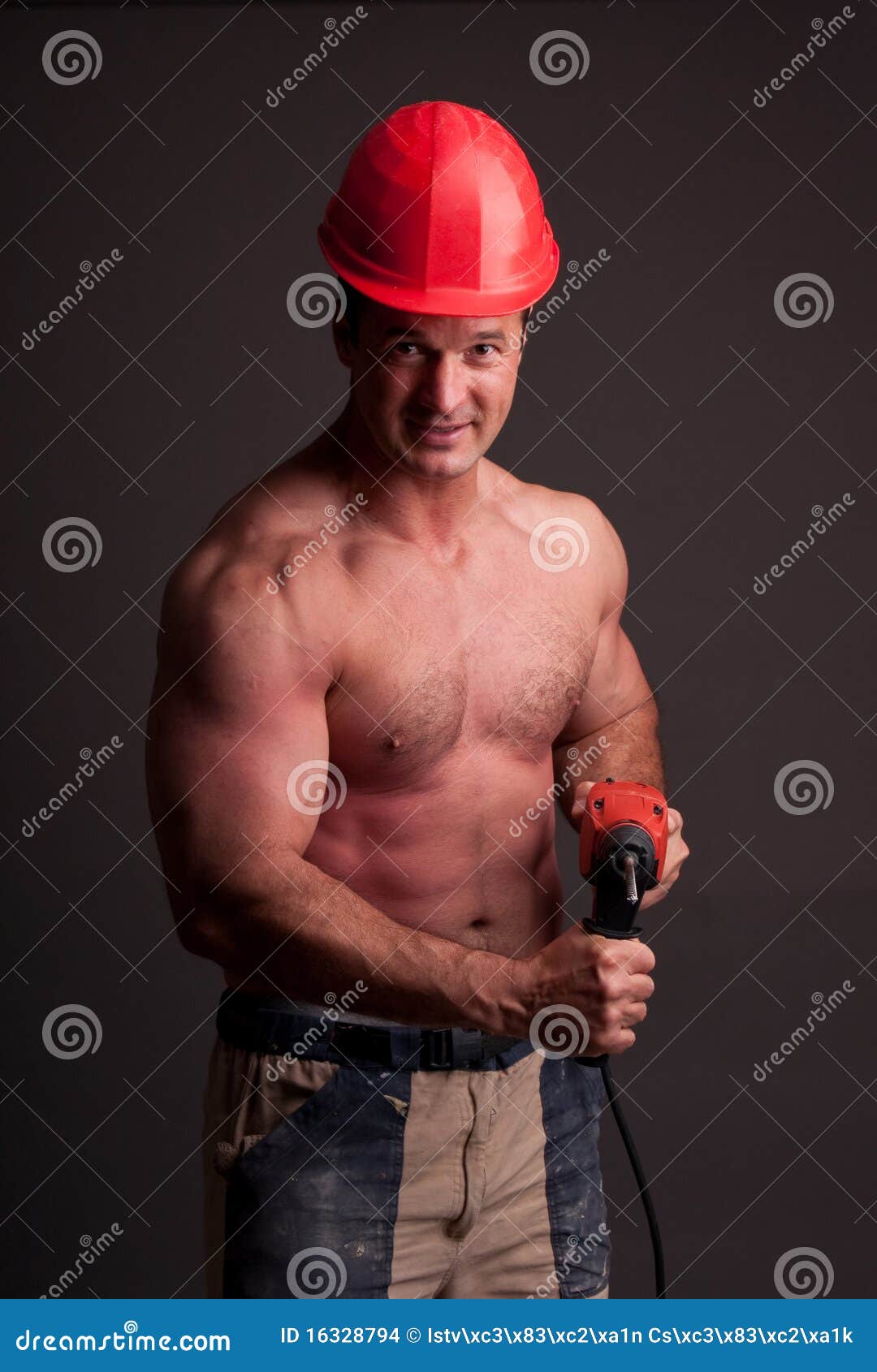 Muscular Construction Worker Stock Photo - Image of drilling, drill ...