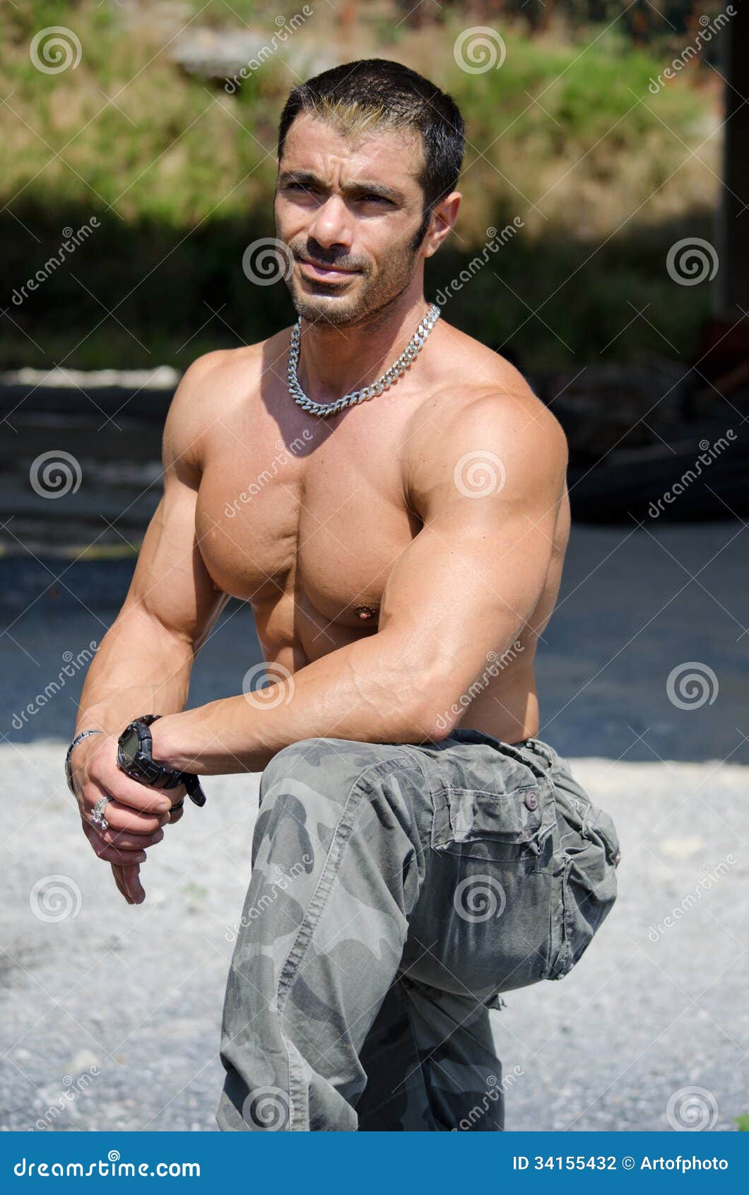 Muscular Construction Worker Shirtless in Building Site Stock Photo ...