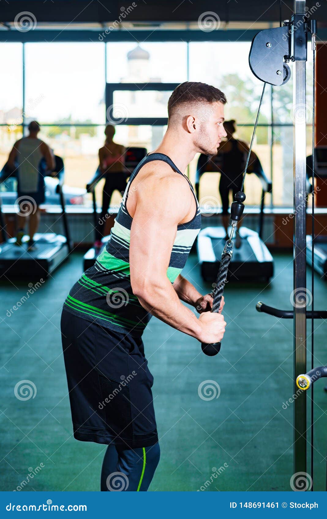 Muscular Guy Exercising in the Gym. Man Doing Triceps Hand Strength ...