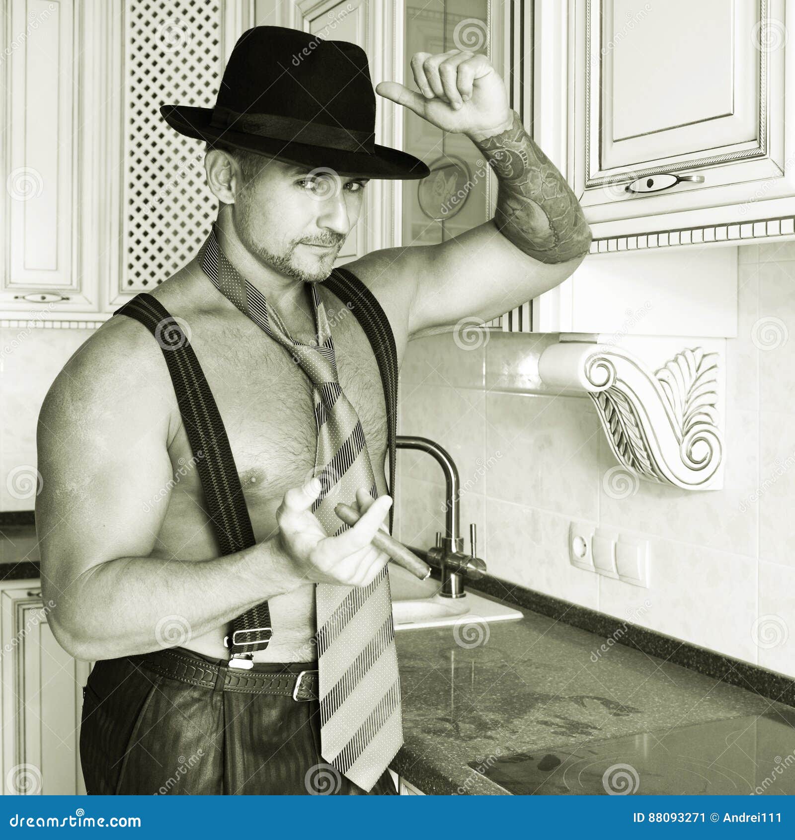 Muscular Macho in a Felt Hat Stock Image - Image of expression, hair ...