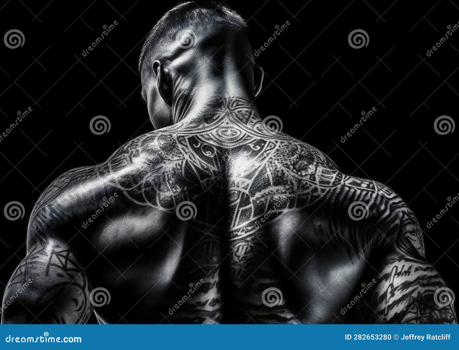 Muscular Male Torso, Upper Back Body Builder with Tattoos Stock ...