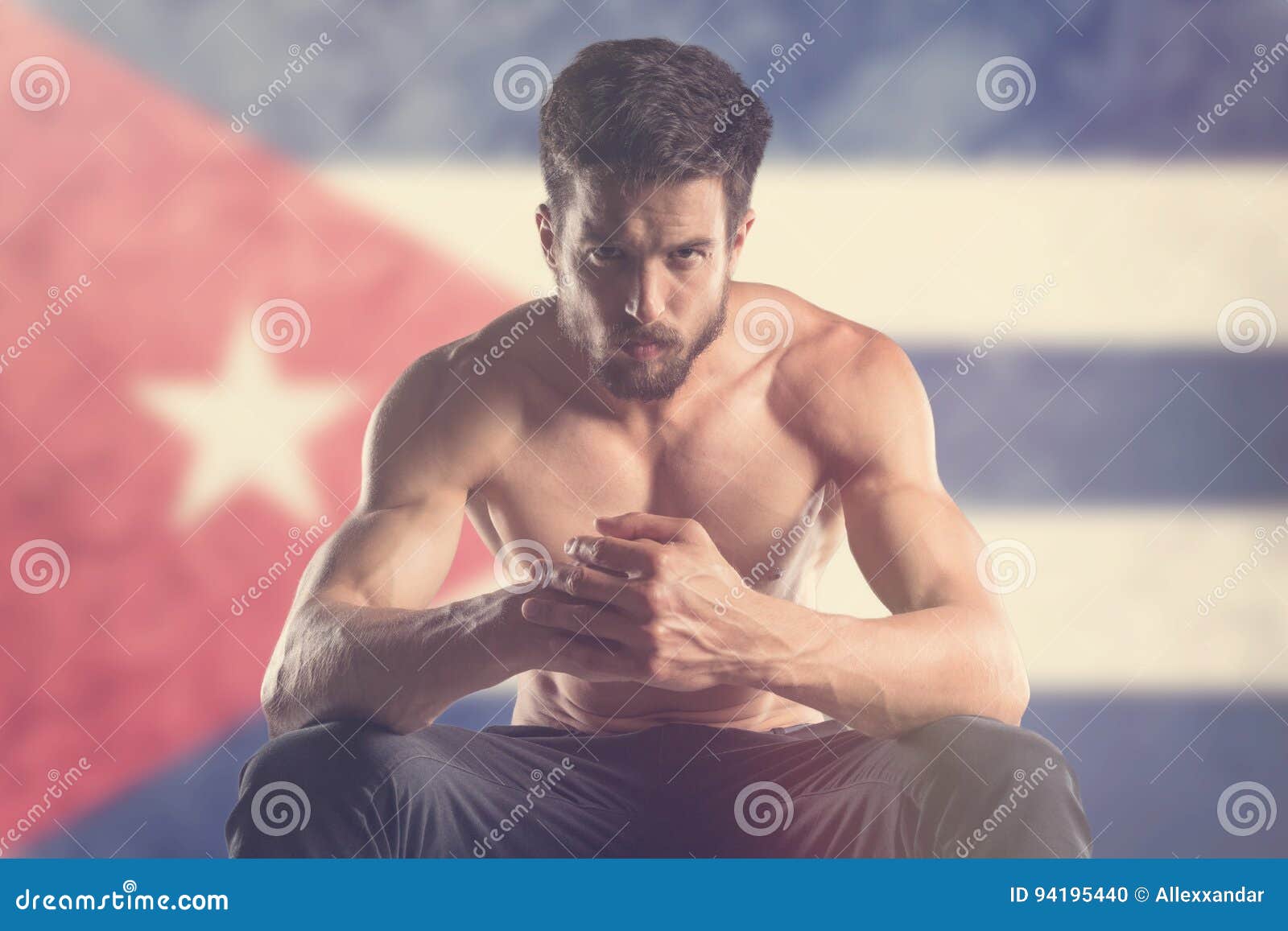 Muscular Man with Cuban Flag Behind Stock Photo - Image of fitness ...