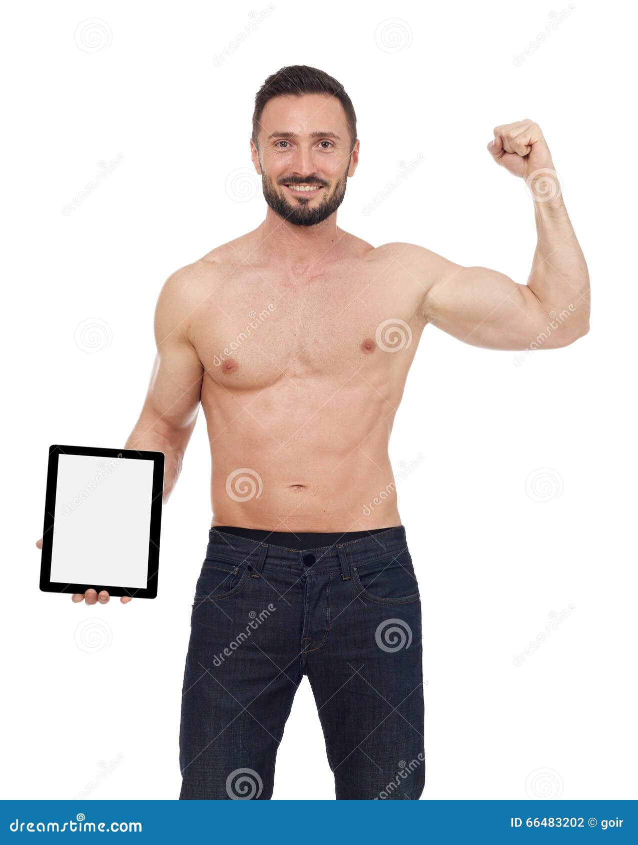 Muscular Man with Digital Tablet Stock Photo - Image of digital, front ...