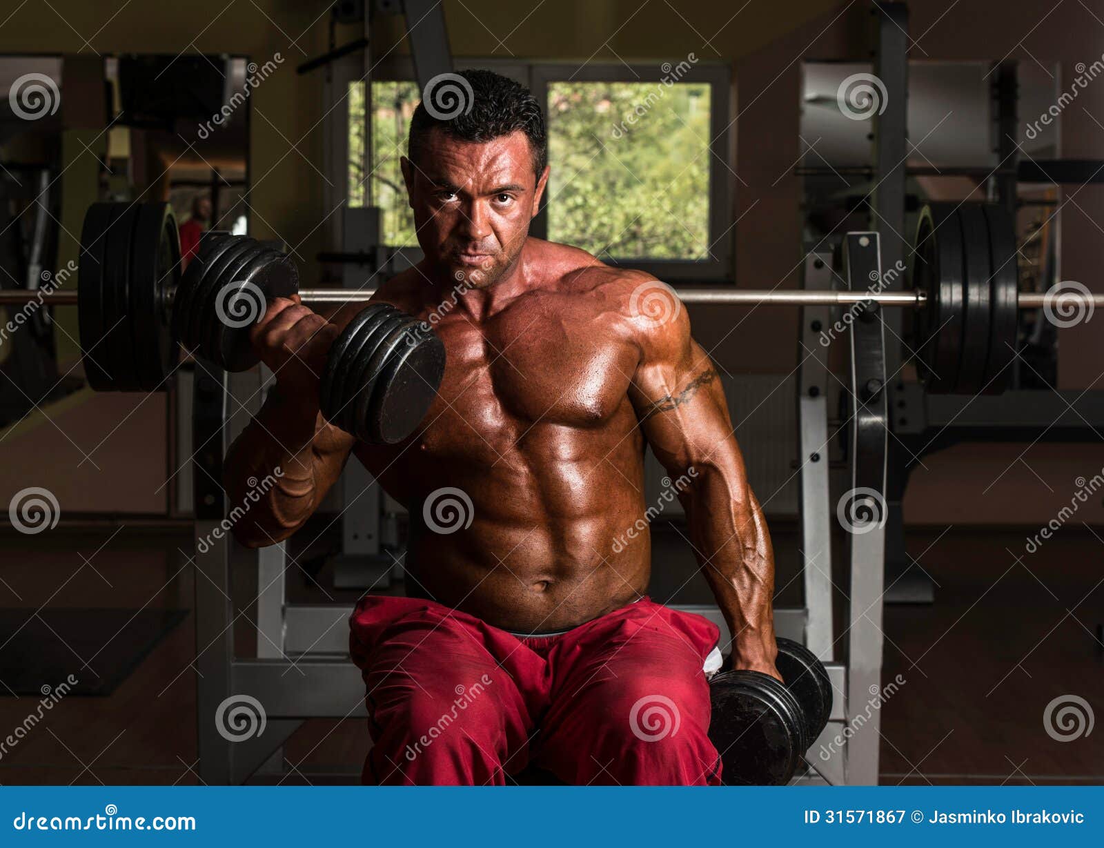 Muscular Man Doing Heavy Weight Exercise for Biceps Stock Image - Image ...