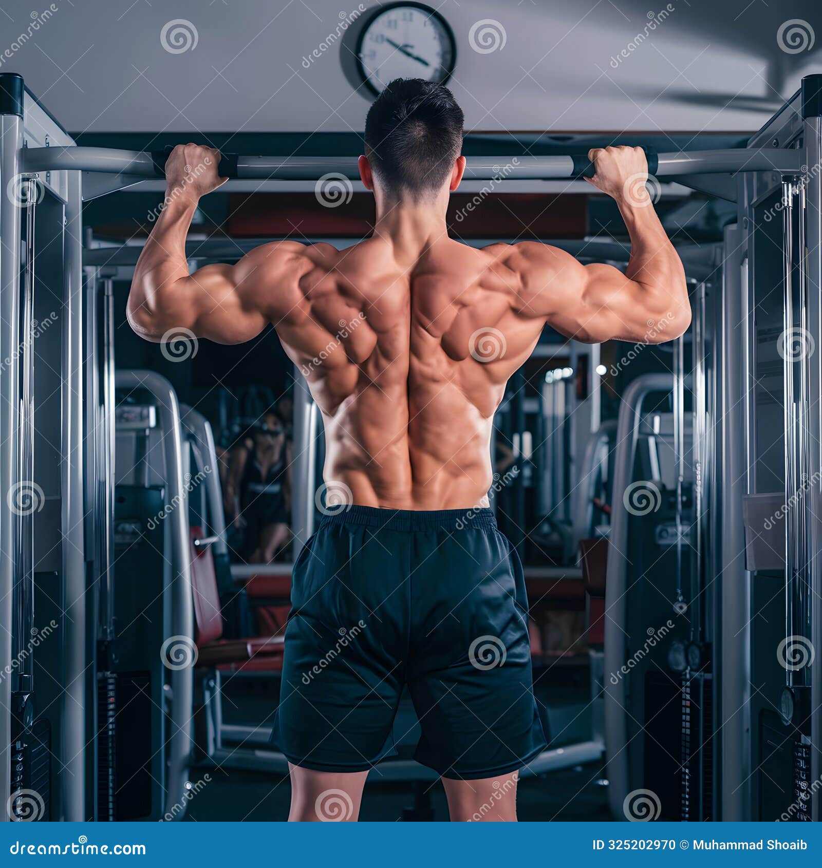 Muscular Man Doing Pull Ups in Gym, Emphasizing Defined Back Muscles ...