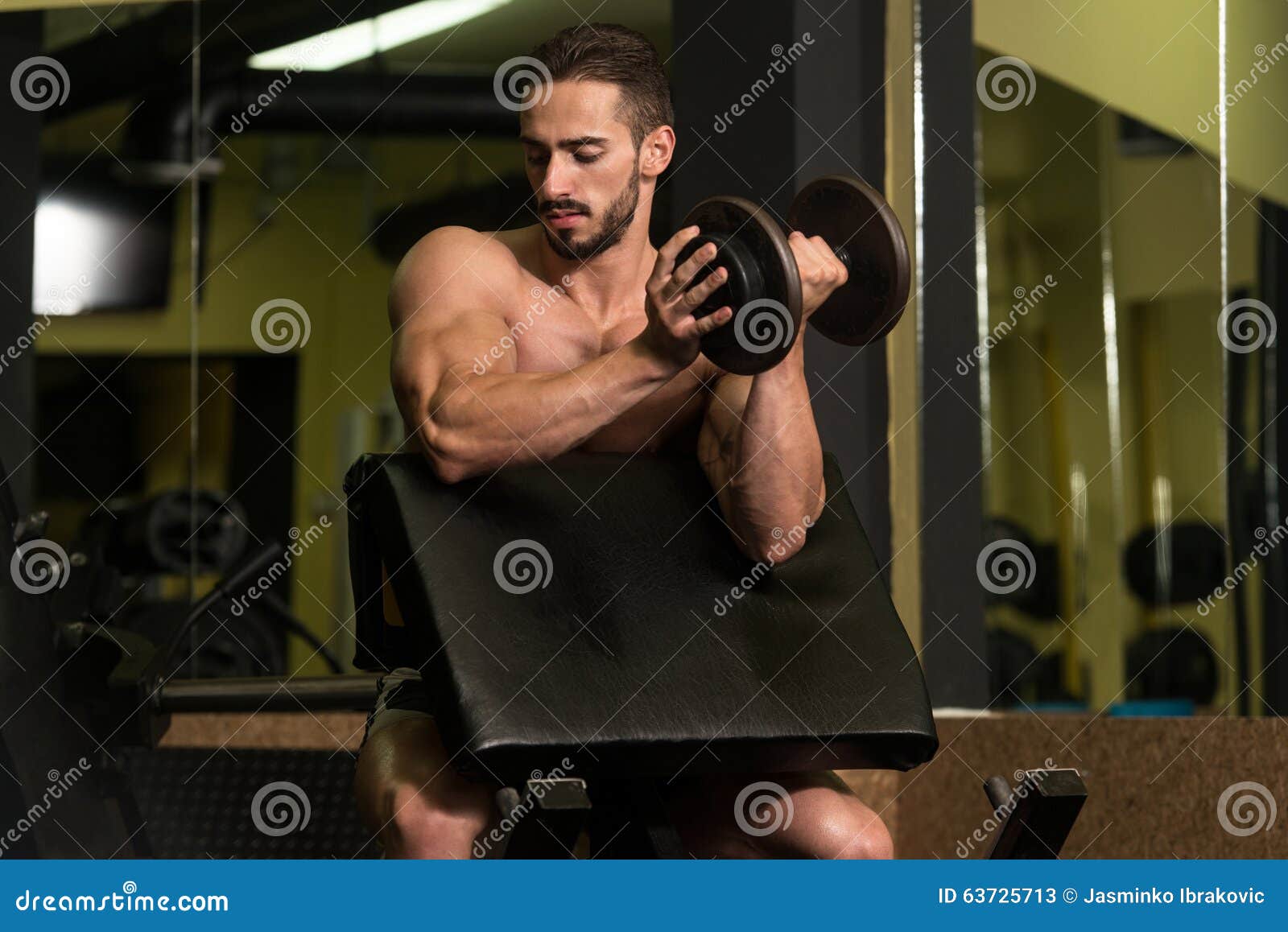 Muscular Man Exercising Biceps with Dumbbell Stock Image - Image of ...