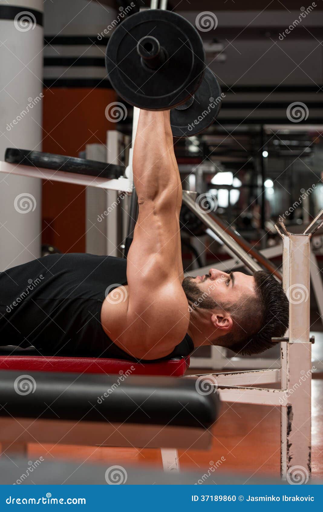 Muscular Man Exercising Triceps with Barbell Stock Photo - Image of ...