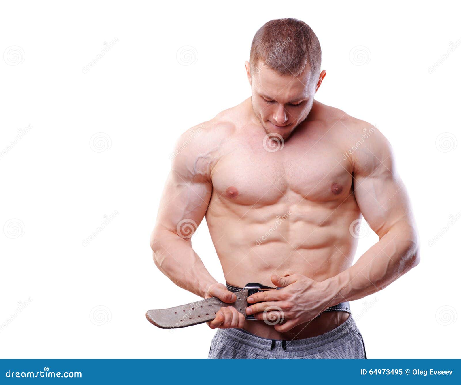 Muscular Man Fasten Lifting Belt Over White Stock Image - Image of ...