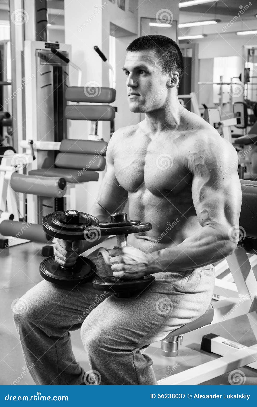 Muscular Man in the Gym Performing the Exercise Stock Image - Image of ...