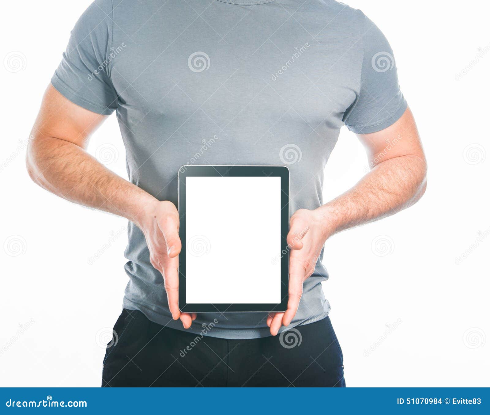 Muscular Man Holding Tablet Isolated on White Background Stock Photo ...