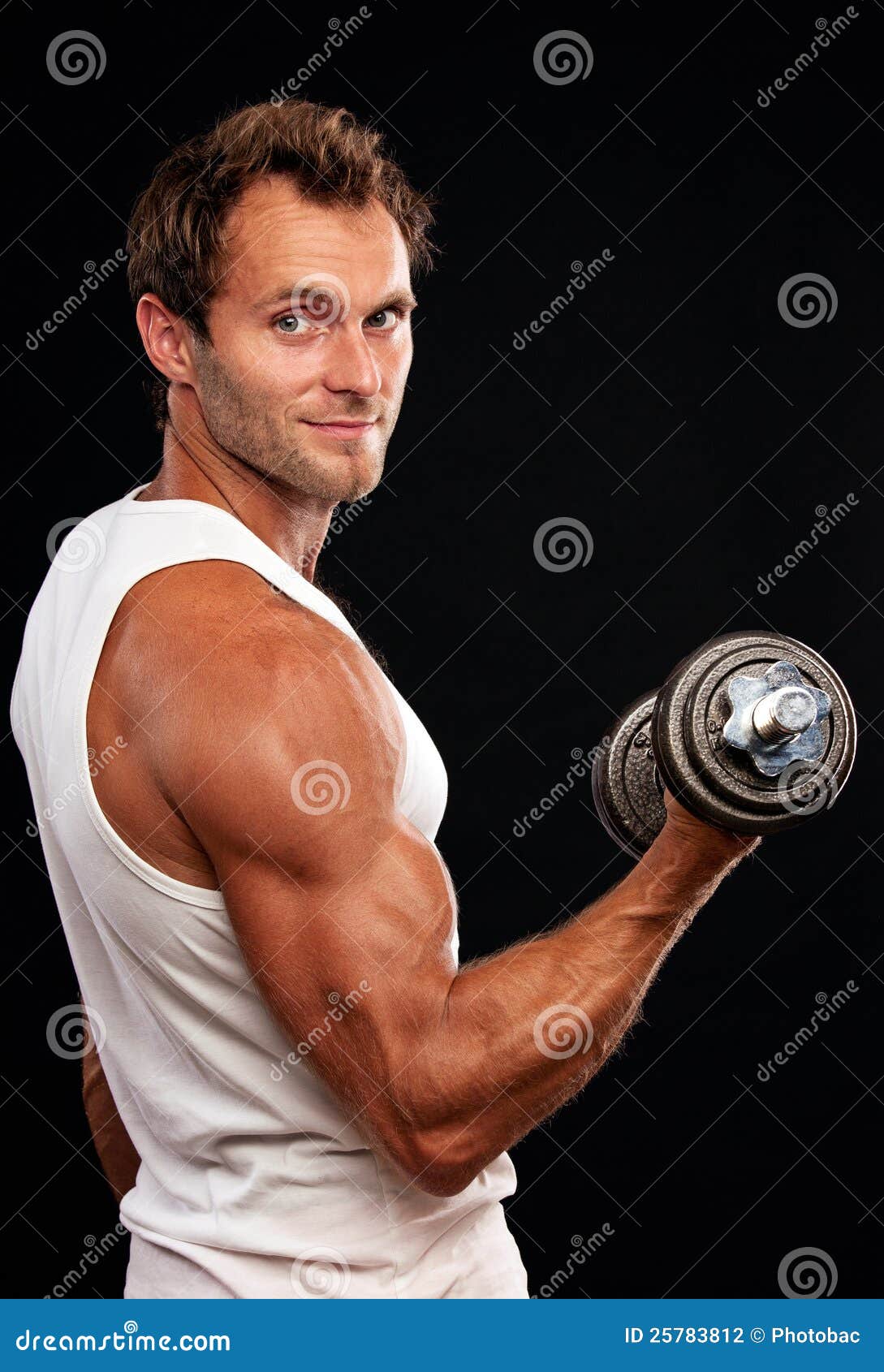 Boy Lifting Dumbbell And Pointing His Arm Muscles Stock Image ...