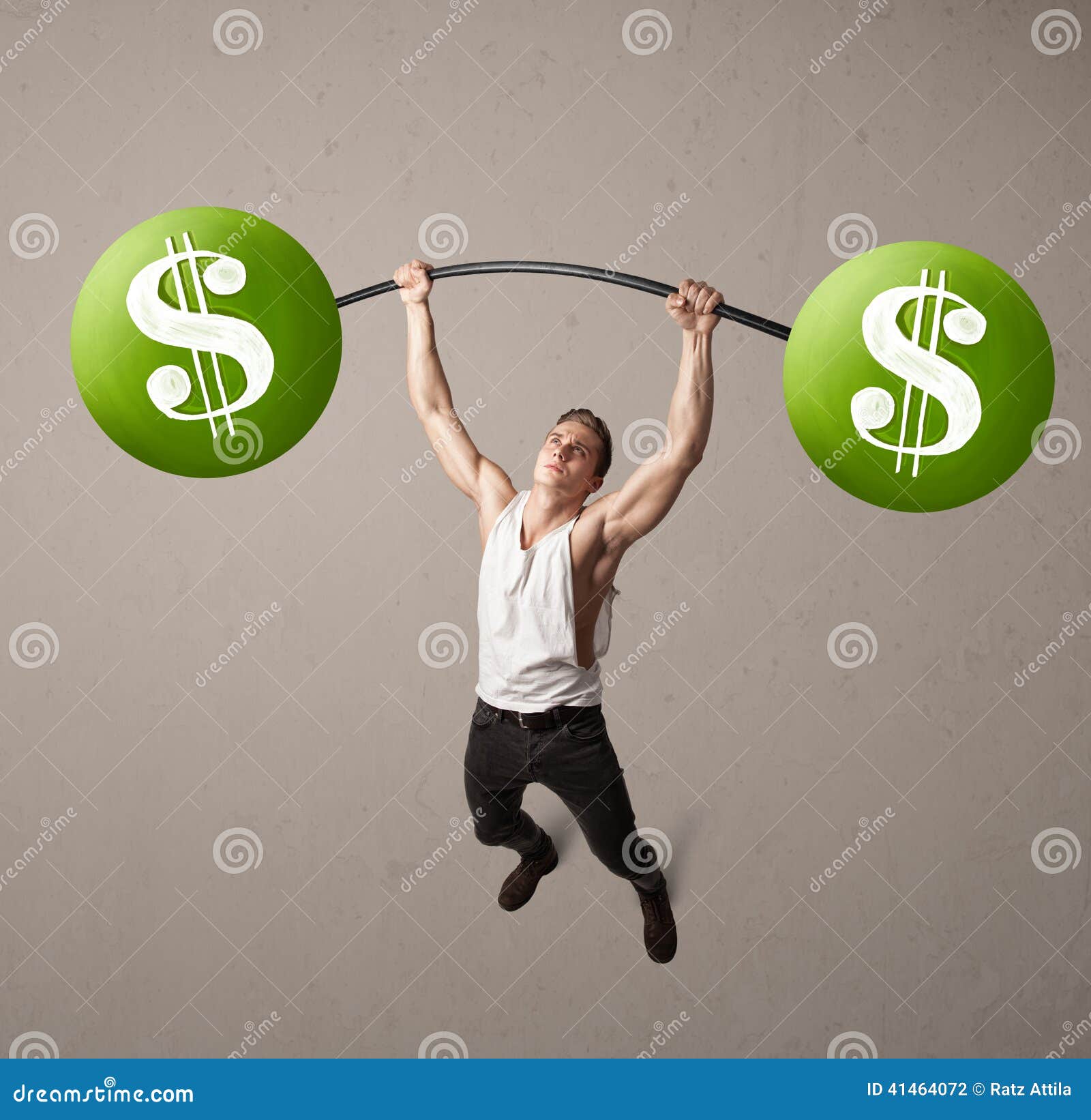 Muscular Man Lifting Green Dollar Sign Weights Stock Photo - Image of ...