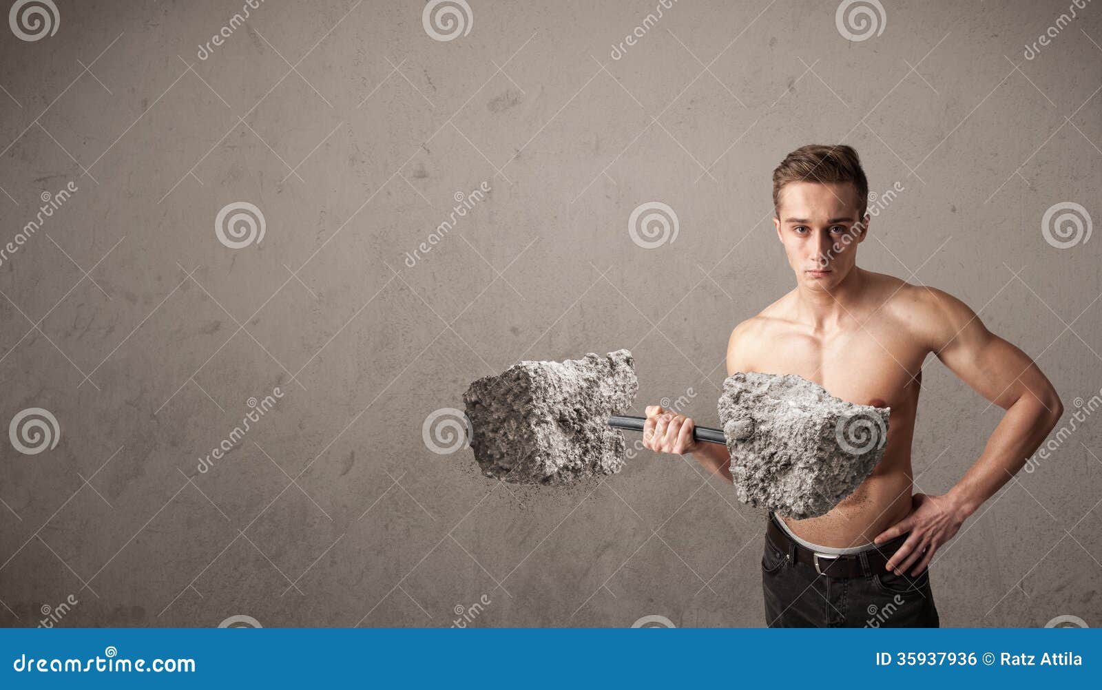 Muscular Man Lifting Large Rock Stone Weights Stock Photo - Image of ...