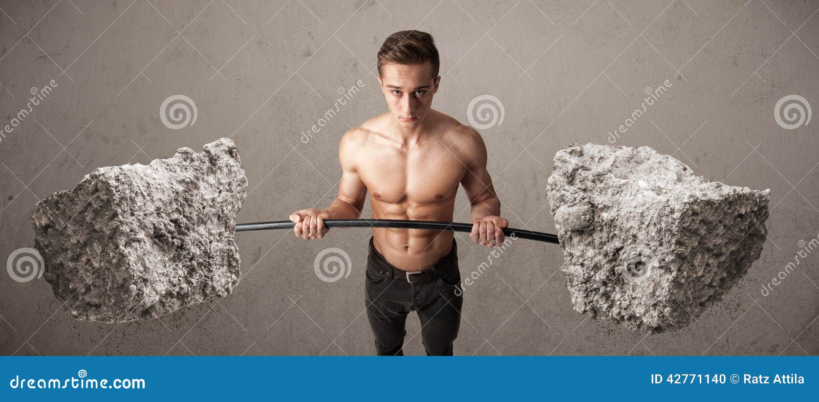Muscular Man Lifting Large Rock Stone Weights Stock Photo - Image of ...