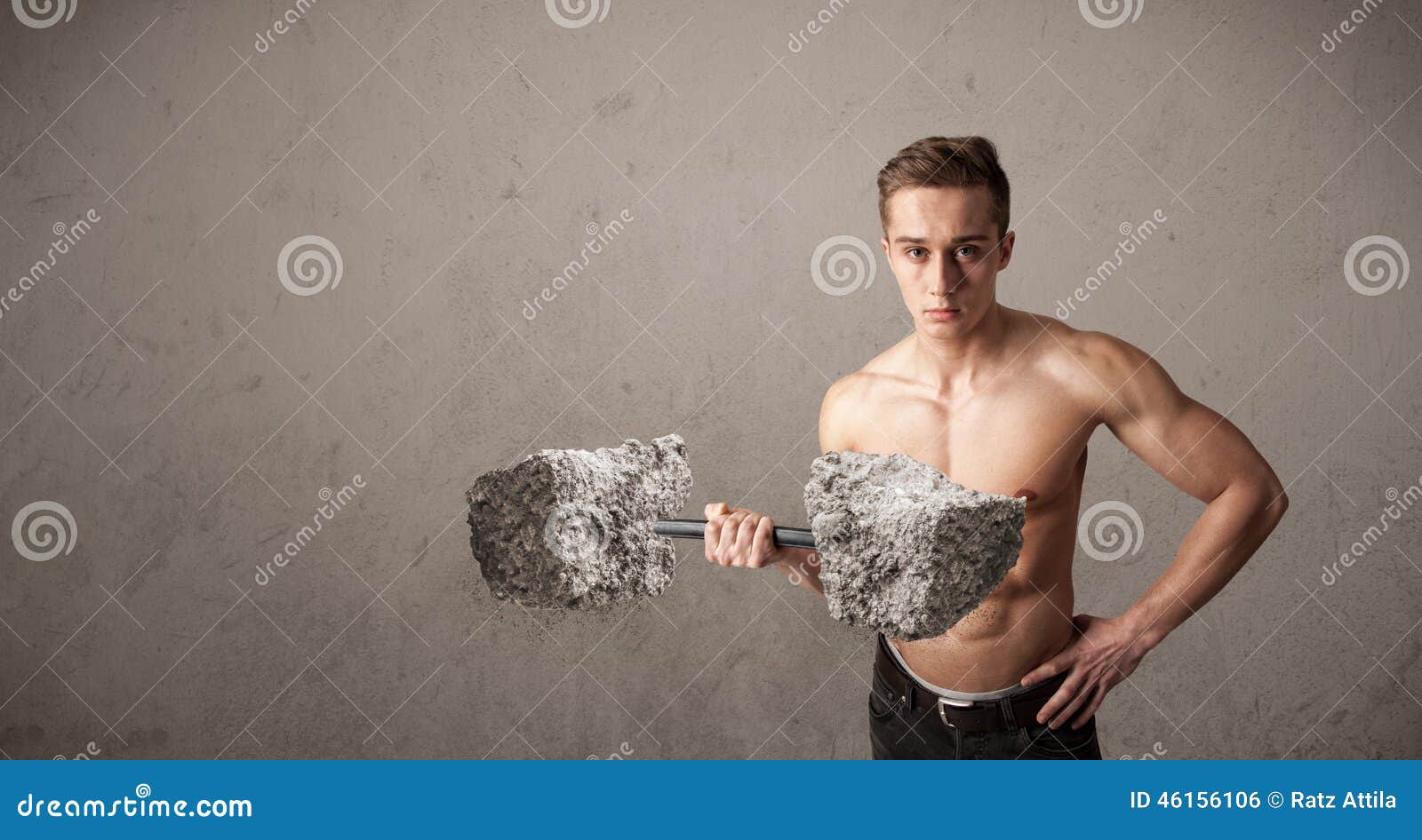 Muscular Man Lifting Large Rock Stone Weights Stock Photo - Image of ...