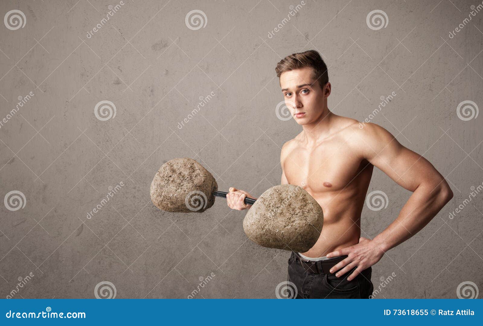 Muscular Man Lifting Large Rock Stone Weights Stock Image - Image of ...