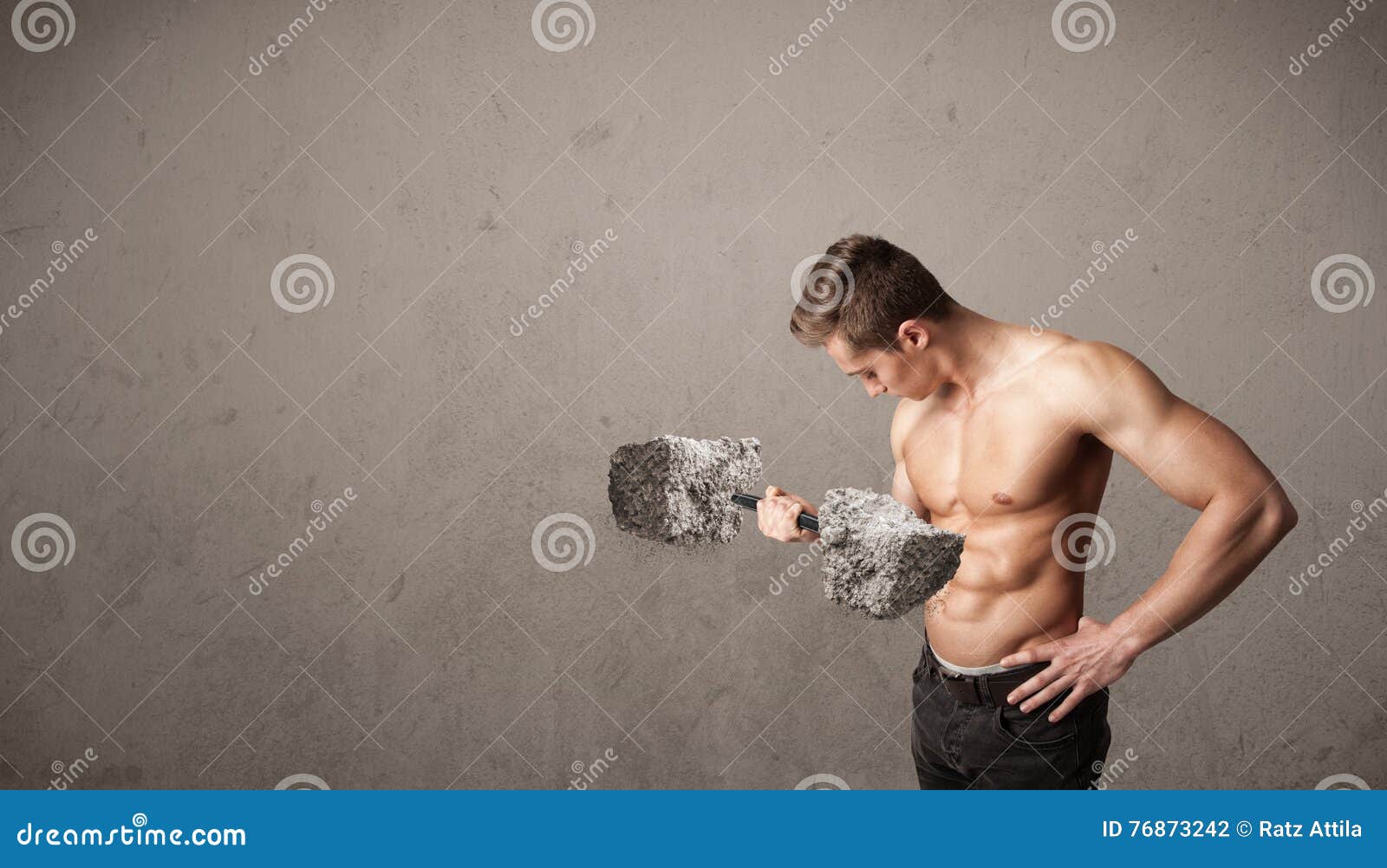 Muscular Man Lifting Large Rock Stone Weights Stock Photo - Image of ...