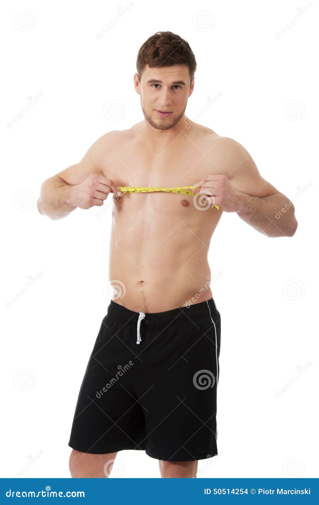 Muscular Man Measuring His Chest. Stock Photo - Image of slim ...