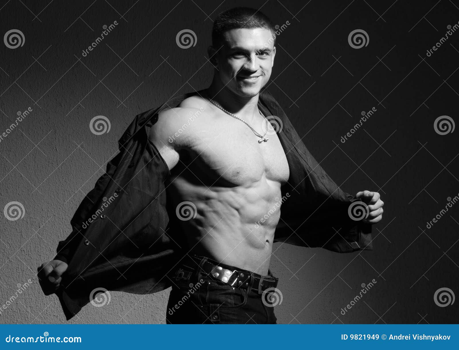 Muscular Man with Open Shirt Stock Image - Image of indoor, black: 9821949