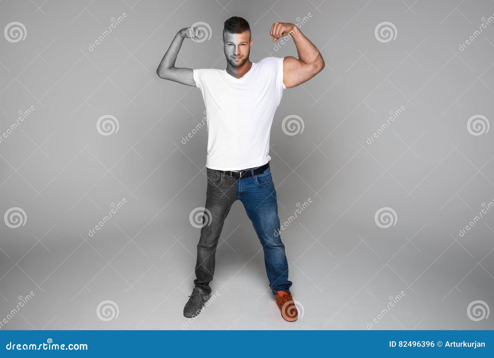 Muscular man - opposite stock photo. Image of jeans, posing - 82496396