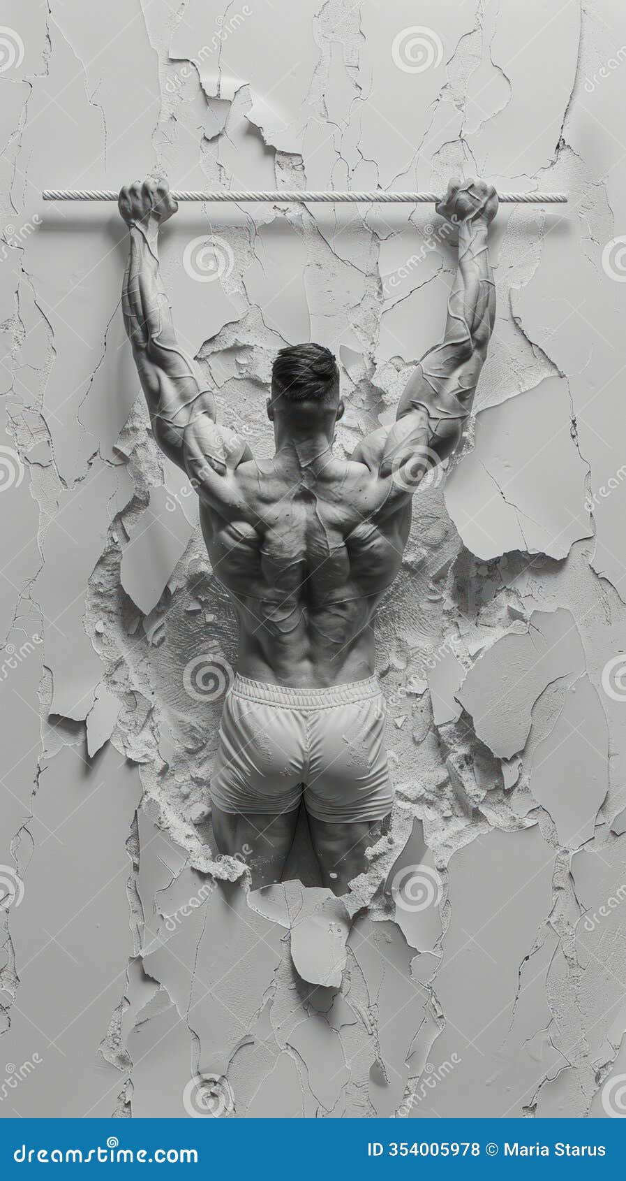 Muscular Man Performing Pull-ups, Breaking through a Wall Stock Photo ...