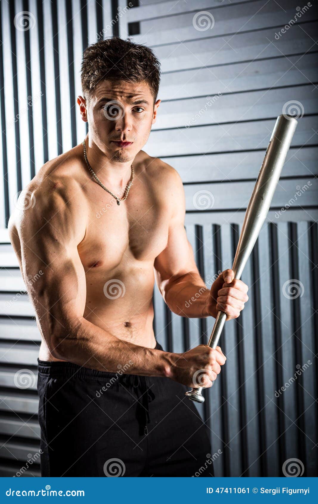 Muscular Man Posing with a Bat Stock Image - Image of furious, body ...