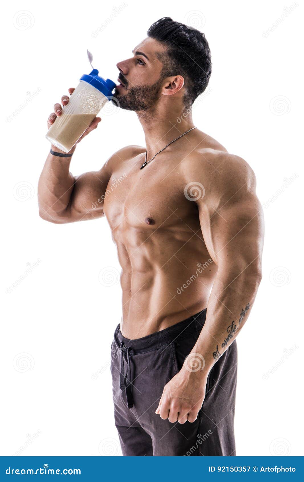 Muscular Man Posing with Protein Shaker Stock Image - Image of bearded ...