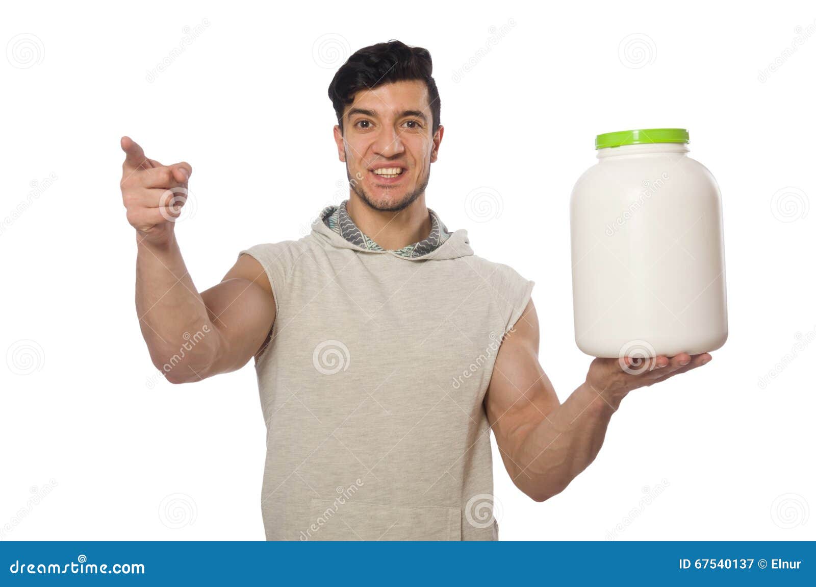 The Muscular Man with Protein Jars on White Stock Image - Image of ...